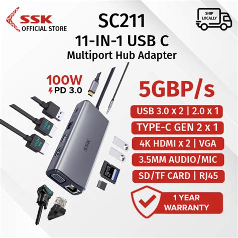 SSK SC211 11 In 1 Usb C Multiport Adapter Hub Dual HDMI Triple Display 4K USB C PD Docking