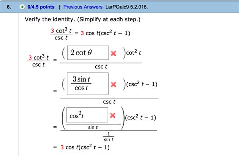 Solved Verify The Identity Simplify At Each Step Cot Chegg