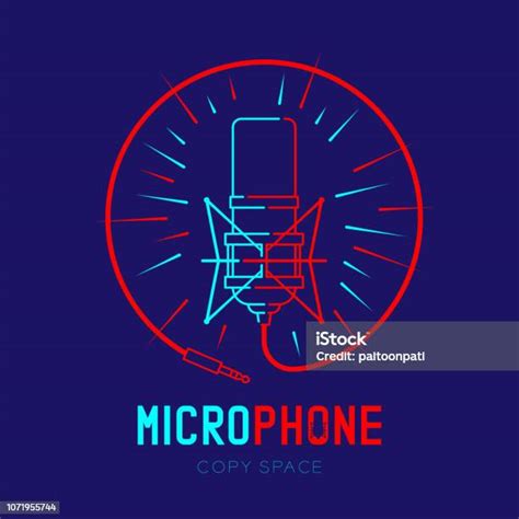 레트로 마이크 로고 아이콘 개요 선 마이크 텍스트와 복사 공간 벡터 Eps 10와 어두운 파란색 배경에 절연 케이블 대시 선 디자인 그림에서 원형 프레임에 반경 가수에 대한