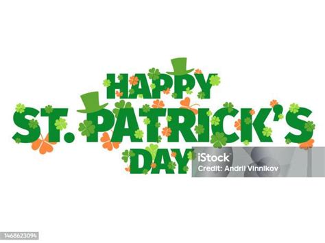 클로버 잎과 레프러콘 모자가 있는 행복한 성 패트릭의 날 텍스트 클로버는 편지 앞뒤에 남습니다 인사말 카드 판촉 자료 및 배너 디자인 벡터 그림 3월에 대한 스톡 벡터 아트