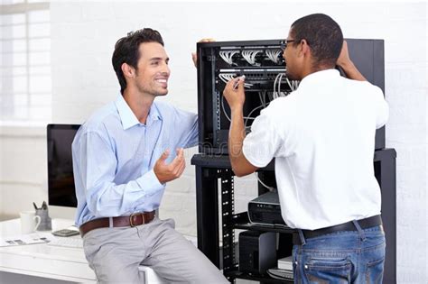 Staff Men And Employees With Server Internet Connection And Conversation For Hardware Update