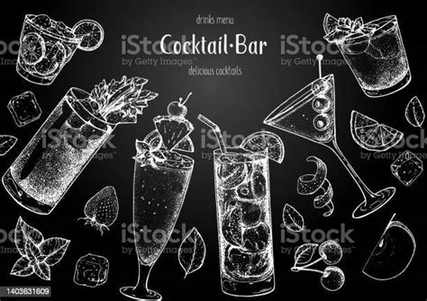 알코올 칵테일 손으로 그린 벡터 일러스트레이션 칵테일 스케치 세트 각인 된 스타일 카이피로스카 피 묻은 메리 싱가포르 슬링 긴