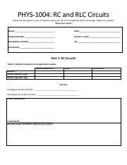 RLC Circuits In Lab Write Up W V A PHYS RC And RLC Circuits Please Fill And