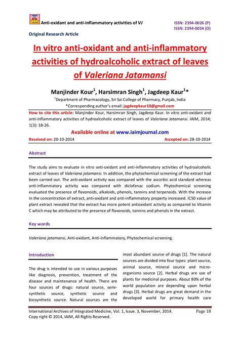 In Vitro Anti Oxidant And Anti Inflammatory Activities Of Hydroalcoholic Extract Of Leaves Of