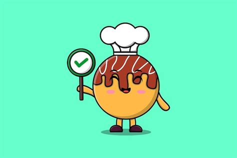 벡터 문자 그림에서 올바른 간판을 들고 있는 귀여운 만화 타코야끼 요리사 캐릭터 프리미엄 벡터