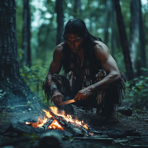 Native American Man Sharpening Knife By Firepit Forest Stock Image
