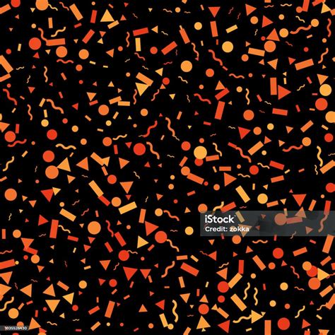 오렌지 기하학적 형태의 원형 삼각형 사각형 검은 배경에 물결 라인으로 완벽 한 패턴입니다 다른 프로젝트에 대 한 벡터 일러스트입니다 0명에 대한 스톡 벡터 아트 및 기타