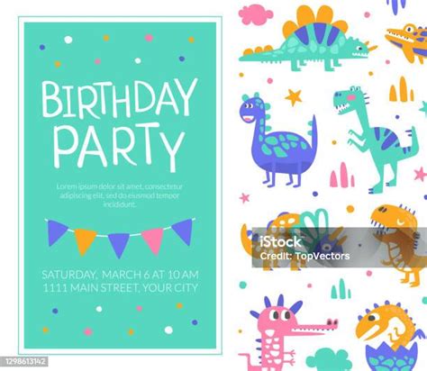 생일 파티 카드 템플릿 베이비 샤워 초대 귀여운 재미 공룡 원활한 패턴 벡터 일러스트와 인사말 카드 공룡에 대한 스톡 벡터 아트 및 기타 이미지 Istock