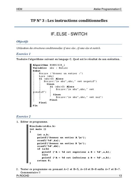 Tp 3 Les Instructions Conditionnelles 1 Pdf Programmation Informatique Mathématiques
