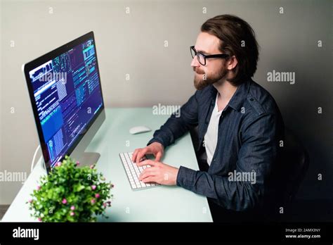 Programmer Profession Man Writing Programming Code On Laptop Computer Code On Screen Is My