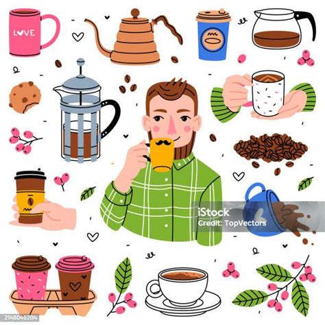 남자와 커피 준비 컵 벡터 세트에서 향기로운 음료를 즐길 수 있습니다 구이에 대한 스톡 벡터 아트 및 기타 이미지 구이 기계류 남자 Istock