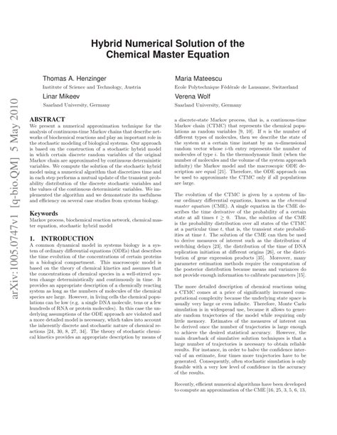 Pdf Hybrid Numerical Solution Of The Chemical Master Equation