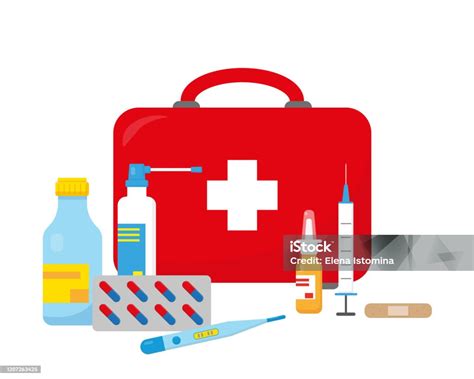 응급 처치 아이 가방및 알약 온도계 주사기 및 기타 약물 흰색 배경에 벡터 그림입니다 1위에 대한 스톡 벡터 아트 및 기타