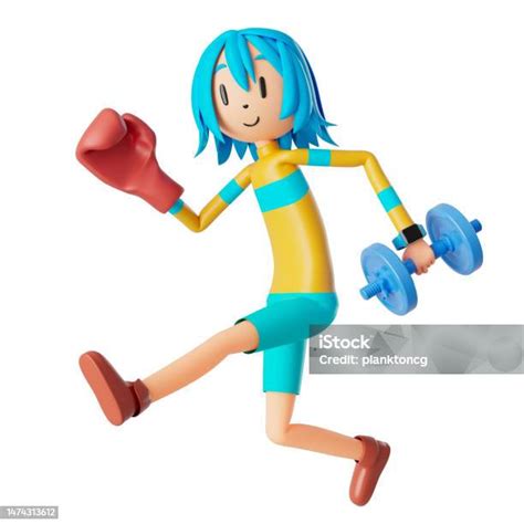 사람 만화 캐릭터 소년과 스포츠 개체를 가진 소녀 3d 그림입니다 피트니스 활동 행동 스포츠 경기에서 남자 건강한 개념입니다 3d 공 운동 액션스마트폰 스마트워치 디자인 3