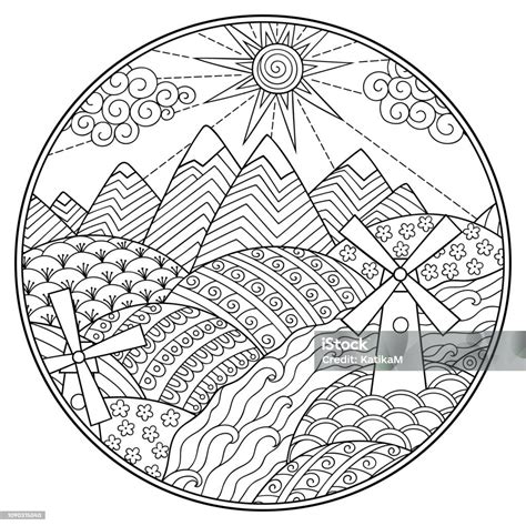 풍경산 강 필드 언덕 풍차어린이 어른을 위한 색칠 공부 책 흑인과 백인 낙서 패턴을 설명 합니다 손 그리기 벡터 일러스트입니다 산에 대한 스톡 벡터 아트 및 기타 이미지