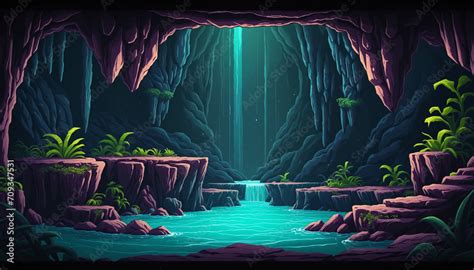 Bit Retro Video Game Background Of An Underground Cavern With Stalactites And Stalagmites