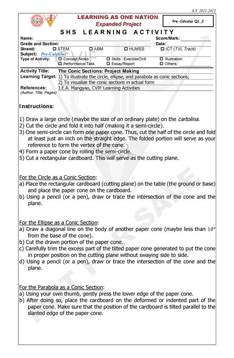 Sy2021 2022 Pre Calculus 11 Q1 2 Conic Sections Project Making Learning As One Nation