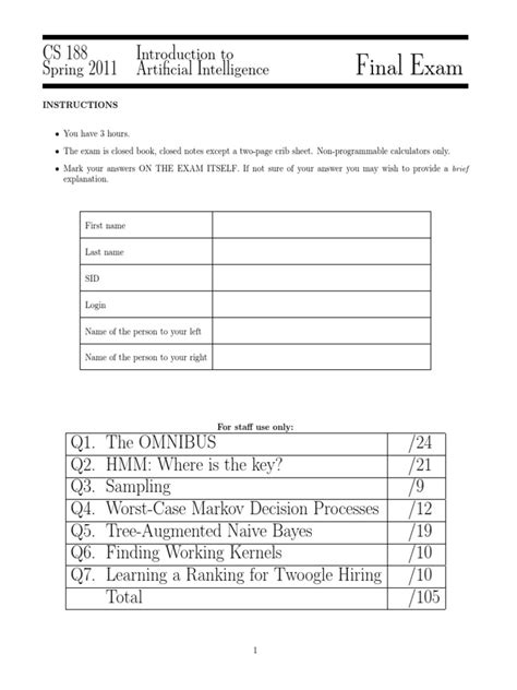 Final Exam Cs 188 Spring 2011 Introduction To Artificial Intelligence