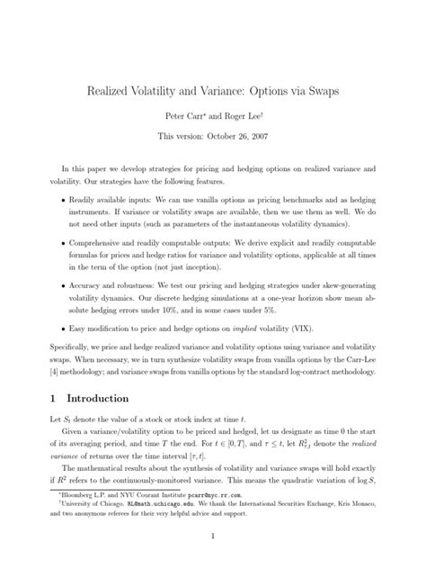 Realized Volatility And Variance Options Via Swaps Pdf Option