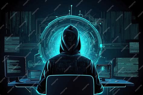 Fraud Or Scam Background Abstract Hacker Behind The Monitor Hologram