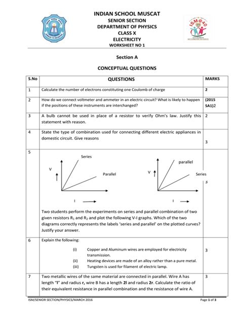 Class X Electricity Worksheet Conceptual Numerical Problems