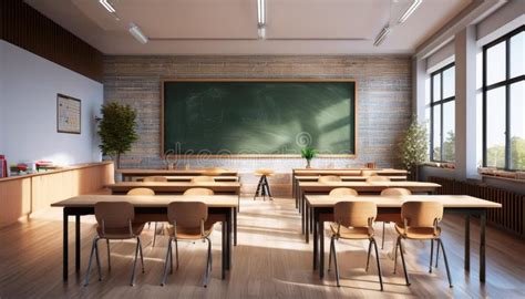 Modern Classroom Interior With Large Blackboard And Wooden Desks 3d
