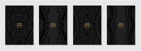 커버 세트 수직 민족 템플릿 3d 엠보싱 기하학적 패턴이있는 이국적인 검은 색 배경 모음입니다 동양 아시아 인도 멕시코를 기반으로 한 부족 장식품 0명에 대한 스톡 벡터