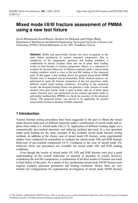 Pdf Mixed Mode I Ii Iii Fracture Assessment Of Pmma Using A New Test Fixture