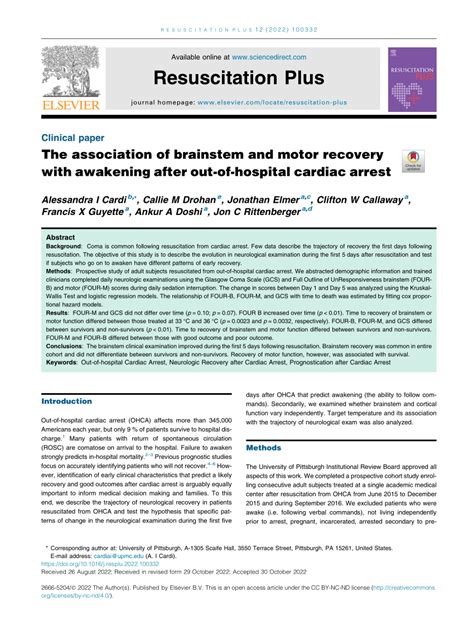 Pdf The Association Of Brainstem And Motor Recovery With Awakening After Out Of Hospital