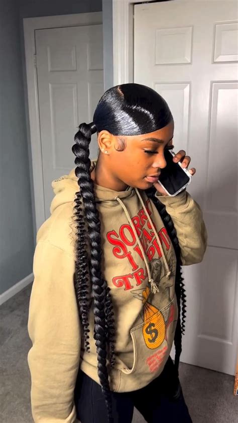 Two Braided Ponytails With Swoop Black Women Hairstyles Hair Styles