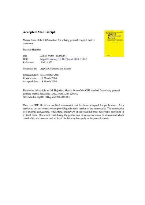Pdf Matrix Form Of The Cgs Method For Solving General Coupled Matrix