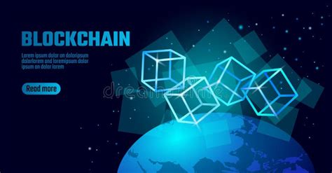 Blockchain Cube Chain Symbol On Square Code Big Data Flow Information Blue Neon Glowing Planet