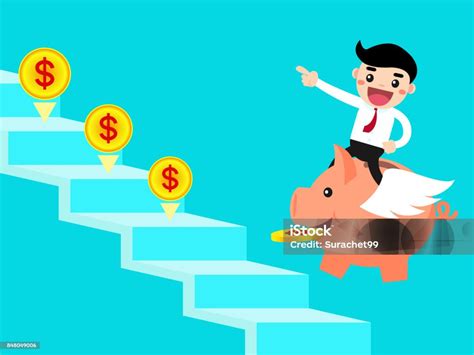 행복 한 사업가 타고 돼지 저금통 하 고 그의 돈을 목표 비행 성공 비즈니스와 절약 돈 개념 경영자에 대한 스톡 벡터 아트 및