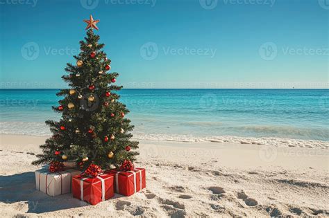 Decorated Christmas Tree Standing On A Tropical Beach 50783968 Stock