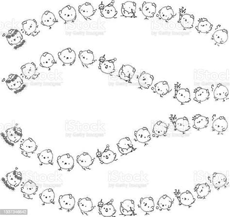 Vector Cartoon Chicks Action Set Background Border Frame Stok Vektör