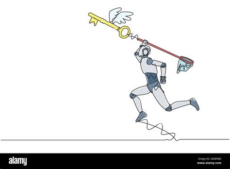 Single Continuous Line Drawing Robot Try To Catching Flying Key With Butterfly Net Find Key To