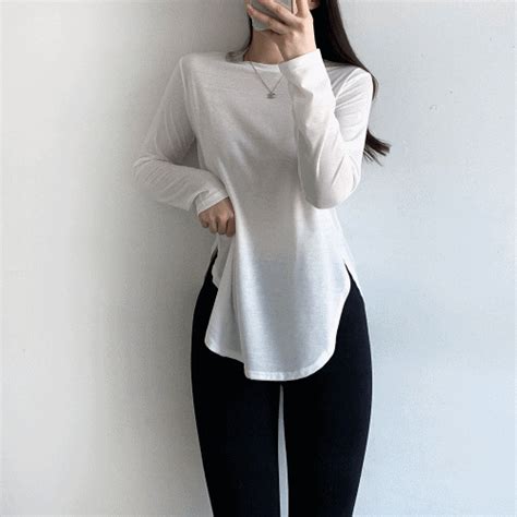 11할인무배 라운드 긴팔 롱 이너 레이어드 옆트임 면 티셔츠 5color 엘오브유