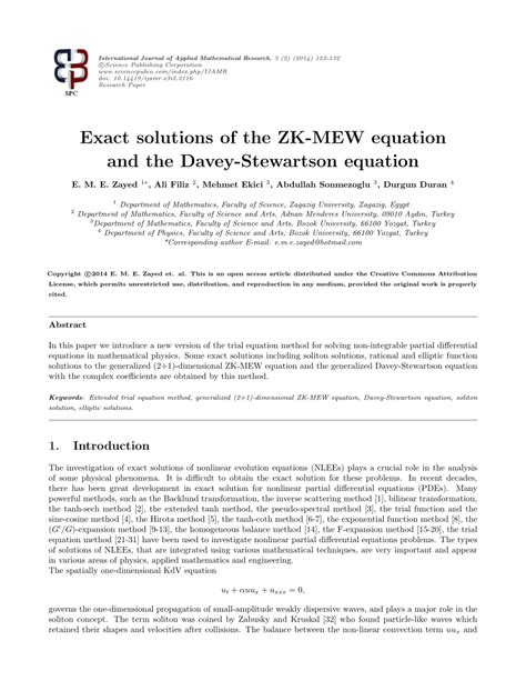 Pdf Exact Solutions Of The Zk Mew Equation And The Davey Stewartson