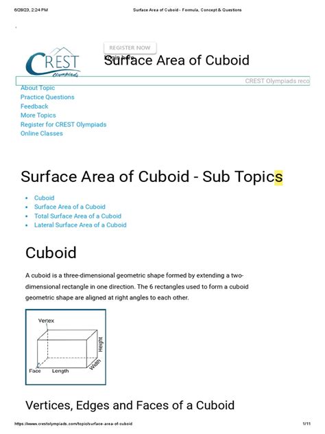 Surface Area Of Cuboid Formula Concept And Questions Pdf Area Length