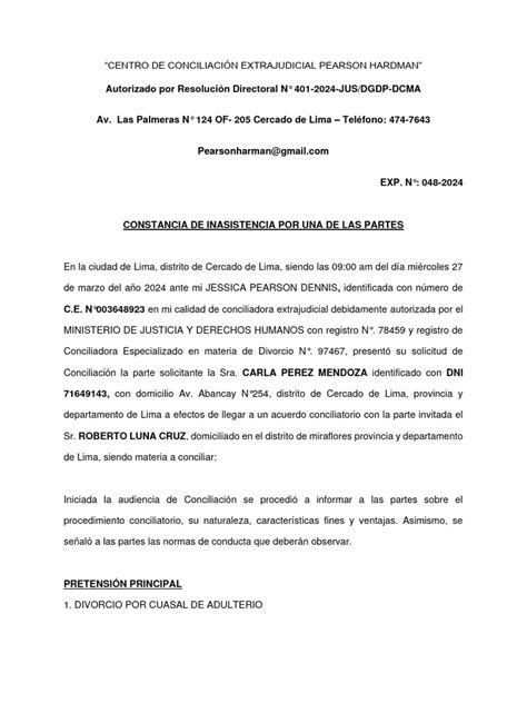 Constancia De Inasistencia Divorcio Descargar Gratis Pdf Justicia