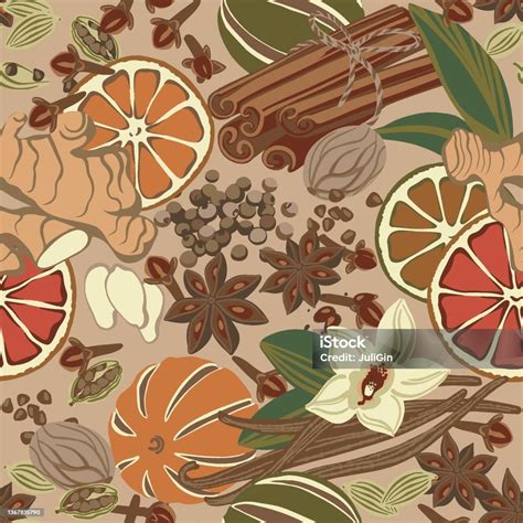 매끄러운 패턴 생강 계피 정향 카르다몬 바닐라 말린 오렌지 스타 아니스 육두구 달콤한 완두콩 다채로운 조미료 세트 벡터 일러스트레이션 건조한에 대한 스톡 벡터 아트 및 기타