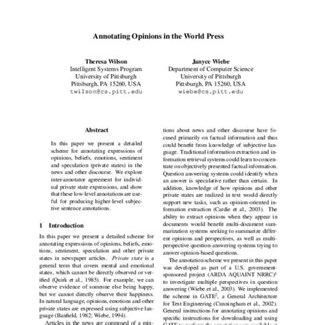 Annotating Opinions In The World Press Acl Anthology