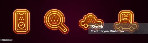 세트 라인 택시 모바일 응용 프로그램 검색 택시 자동차 및 빛나는 네온 아이콘 벡터 거리에 대한 스톡 벡터 아트 및 기타 이미지 Istock