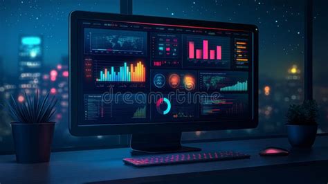 Modern Data Analytics Dashboard In Night Office Setting With Cityscape View Stock Illustration