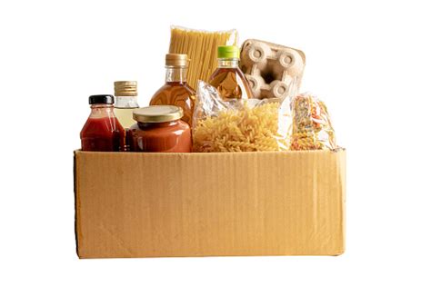 기부 보관 및 배달을위한 식품 골판지 상자에 다양한 음식 파스타 식도유 및 통조림 식품 음식에 대한 스톡 사진 및 기타 이미지 Istock