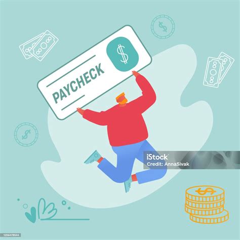 서명 장소와 은행에서 돈을 얻기위한 거대한 바우처와 남자 점프 급여 복권 승리 급여 및 급여 지불 개념 직원 얻을 수표 수입 만화 플랫 벡터 일러스트 월급 명세서에 대한