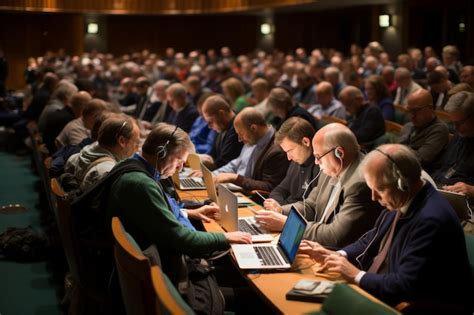 Premium Photo Developing Secure Applications On Laptops In Spacious University Auditorium Setting