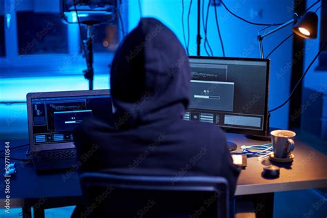 Cybercrime Hacking And Technology Concept Male Hacker In Dark Room
