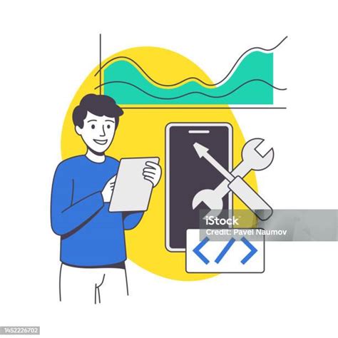 남자 앱 개발 전문 모바일 장치에 대 한 소프트웨어 응용 프로그램을 개발 벡터 일러스트 레이 션 개발에 대한 스톡 벡터 아트 및 기타 이미지 Istock