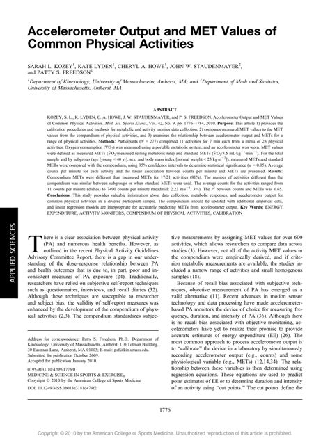 pdf accelerometer output and met values of common physical activities